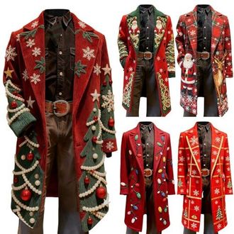 Generic Vestes de costume de Noël longues en velours côtelé pour homme - Blazer de Noël amusant à manches longues et revers cranté - Trench de Noël fantaisie 