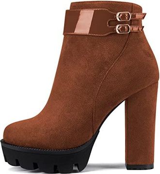 Castamere Femmes Bloc Chunky Plate-forme Haut High Talon Heel Fermé Rond Bout Bottines Fermeture à Glissière Classique Bottes Marron 39 EU