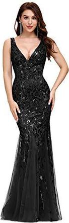 Ever-pretty Robes de Soirée Femme Longue Paillettes Tulle Taille Empire sans Manches Col V Moulante Noir 50