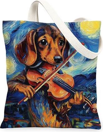 Generic Sac fourre-tout r&eacute;utilisable en toile motif teckel pour faire ses courses, 33 x 38,1 cm, motif violon &eacute;toil&eacute;, sac d&eacute;picerie r&eacute;utilisable pour femme, a