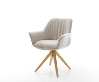 DELIFE Drehstuhl Keila-Flex mit Armlehnen Webstoff Soft Beige Holzgestell kantig Natur 360&deg; drehbar, Esszimmerst&uuml;hle