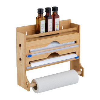 Relaxdays Wandrollenhalter 3-fach, Küchenrolle, Alufolie, Frischhaltefolie, Bambus, HxBxT: 30,5 x 36,5 x 12 cm, natur