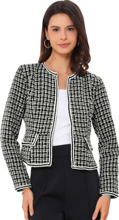 Allegra K Damen Plaid Tweed Blazer Langarm Open Front Arbeit B&uuml;ro Kurze Jacke, schwarz, Medium