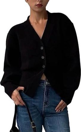 Generic Cardigan &agrave; col en V pour femme Style cor&eacute;en d&eacute;contract&eacute; &eacute;l&eacute;gant &agrave; manches longues Tricot, noir, Taille Unique