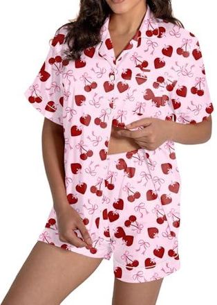 Generic Tenues deux pi&egrave;ces pour femmes de la Saint-Valentin 2026 pour femmes, ensemble short &agrave; manches courtes et col en V, rose, XXL