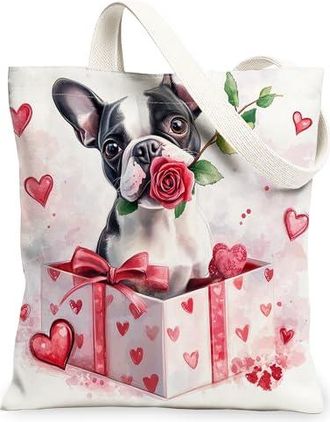 Generic Sac fourre-tout en toile motif terrier de Boston pour faire du shopping, 33 x 38,1 cm, cadeau amusant pour la Saint-Valentin, sac d&eacute;picerie r&eacute;utilisab