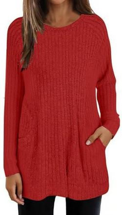 Generic Pull long décontracté pour femme - Pull en tricot surdimensionné - Élégant - Avec poches - Couleur unie - Manches longues - Pour lhiver - Coupe ample 