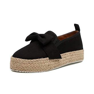 Minetom Espadrille Plateforme Femmes Chaussures de Toile Mode Casual Espadrilles Rayure Noeud Papillon Bout Fermé Confortable Loafers Sneakers Noir 41 EU