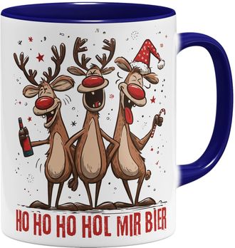 OM3 lustige Weihnachts Kaffee-Tasse mit Spruch - Ho Ho Ho Hol mir Bier - betrunkene Rentiere Christmas - Keramik Becher - 325ml - Beidseitig Bedruckt - Du