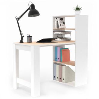 IDMarket Idmarket - Bureau biblioth&egrave;que enfant blanc et fa&ccedil;on h&ecirc;tre - Longueur 113 cm x Largeur 60 cm x Hauteur 120 cm - &Eacute;tag&egrave;res ouvertes pour rangement
