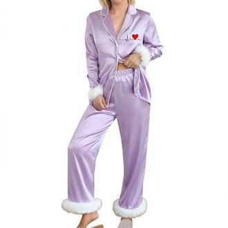 Generic Ensemble de pyjama d&eacute;contract&eacute; et confortable pour la Saint-Valentin 2026 pour femmes, chemise &agrave; manches longues, pantalon, deux ensembles, violet, XX