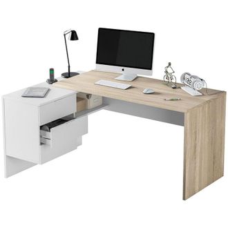 PEGANE Pegane - Bureau droit avec caisson 3 tiroirs - M&eacute;lamine ch&ecirc;ne canadian et blanc - Dimensions 73 x 145 x 108 cm - Pour am&eacute;nagement moderne