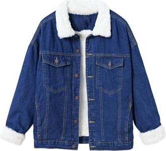 Generic Veste en jean pour femme, doubl&eacute;e polaire chaude, en fausse fourrure, col crant&eacute;, style trucker, bleu fonc&eacute;, taille moyenne