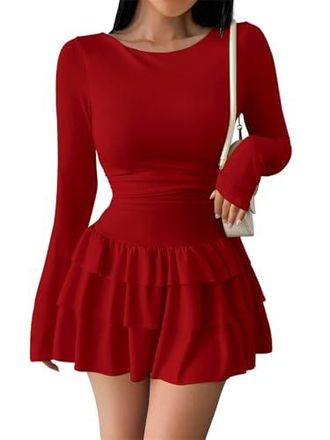Generic Robe de printemps &agrave; manches longues pour femme, col montant, fronc&eacute;, volants, v&ecirc;tements moulants, couleur unie, coupe ajust&eacute;e, mini robe &eacute;l&eacute;gante, Rou