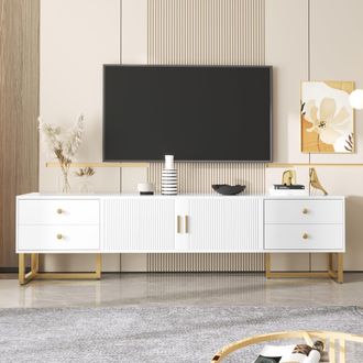 Generic TV-Schrank mit Schubladen und Türen, Lowboard mit strukturierter Front, goldenen Griffen und Metallfüßen, modernes Design, 175 cm lang, für Wohnzimmer