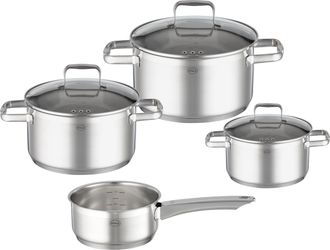 Rösle CHARM Topf-Set 4-tlg., hochwertiges Universaltopfset mit 3 Kochtöpfen und 1 Stielkasserolle, Edelstahl 18/10, Glasdeckel, Innenskalierung, induktionsg