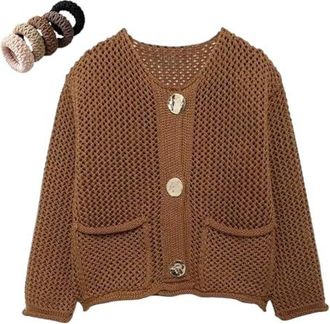 Generic Cardigan court pour femme, cardigan en tricot &eacute;pais ouvert sur le devant, cardigan dautomne &agrave; manches longues ouvert sur le devant, caf&eacute;, S