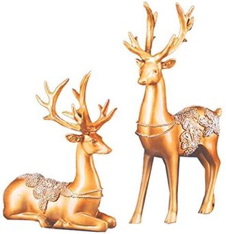 Generic 2pcs Weihnachten Hirsch Statue Harz Rentier Figur Kreative Niedliche Hirsch Kleine Hirsch Ornamente f&uuml;r Home Office Auto Tischdekoration (Golden) Nett