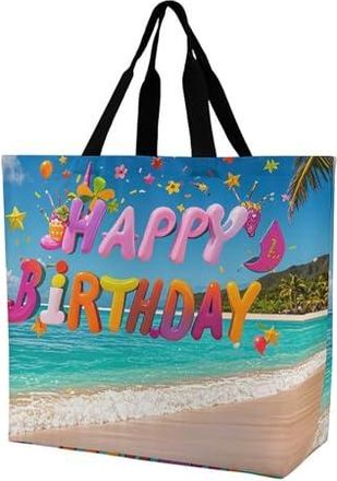 Generic Joyeux Anniversaire &Agrave; La Plage Sac Fourre Tout Pliable Tote Bag Imperm&eacute;able Sac A Main Femmes Pour Gym Quotidienne Shopping