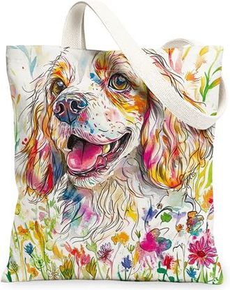 Generic Sac fourre-tout en toile pour le shopping, 33 x 38,1 cm, motif aquarelle et chiot de fleurs sauvages, sac d&eacute;picerie r&eacute;utilisable pour femme, animal de
