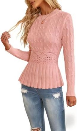 Generic Pull p&eacute;plum pour femme en tricot torsad&eacute;, d&eacute;contract&eacute;, col rond, coupe ajust&eacute;e, pull &agrave; volants en tricot torsad&eacute;, rose, XXL-6XL