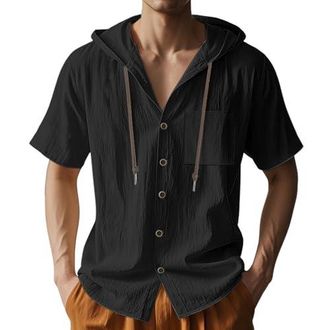 Generic Sweat &agrave; capuche l&eacute;ger en coton et lin pour homme avec poche poitrine - Haut d&eacute;t&eacute; boutonn&eacute; - Col grand-p&egrave;re - Coupe ample - Cordon de serrage, Noir, 3X