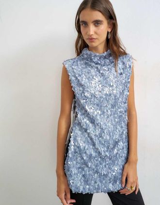 Topshop top tunique &agrave; liens sur les c&ocirc;t&eacute;s &agrave; sequins m&eacute;lang&eacute;s bleu
