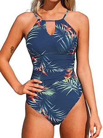 Cupshe Femme Maillot de Bain 1 Pièce à Encolure Haute Ventre Contrôle Imprimé Fleuri Cut Out Maillot 1 Pièce Maillot de Bain Bleu/Feuilles XL