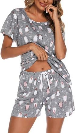 Mia Lucce Pyjama Femme Ete Coton Manches Courtes Pyjama Short Femme Vêtements de Nuit avec Imprimé et Poches pour la Maison et Le Sommeil, S-XXXL