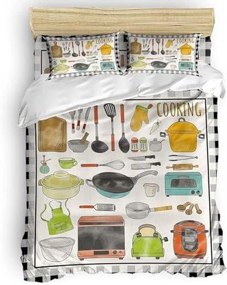 Generic Housse de Couette 200x200 Ustensiles de Cuisine Imprim&eacute;e 3D Motif Dessin Anim&eacute; Parure de Lit 2 Personnes Doux Microfibre Literie avec 2 Taies Doreille