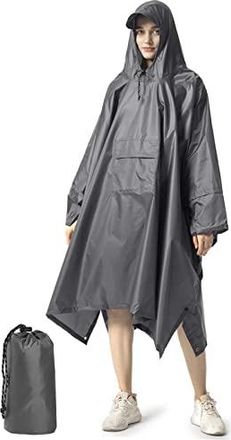 Nuur 3-en-1 Poncho de Pluie pour Femme Homme Unisexe Imperméable Réutilisable Avec Capuche Taille Unique Gris