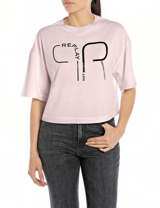 Replay Damen T-Shirt Kurzarm aus Baumwolle, Bubble Pink 066 (Rosa), XS