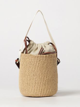 Chlo&eacute; Mini sac seau Woody en raphia avec bandouli&egrave;re en cuir