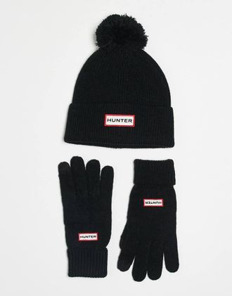 Hunter Unisex-Geschenkset mit Strickm&uuml;tze und Handschuhen in Schwarz