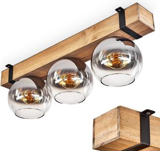 HOFSTEIN Deckenleuchte Montgomery, Deckenlampe aus Metall/Holz/Glas in Schwarz/Natur/Chromfarben/Klar, skandinavisches Design mit Holzbalken (60 cm) u. Glaskug