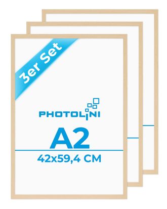 Photolini Bilderrahmen A2 Holz MDF Natur, 3er Set Picture Frame Rahmen 42x59,4 mit bruchsicherem Acrylglas, DIN A2 Bilderrahmen 42x60 zum Aufh&auml;ngen, mit Zubeh&ouml;r