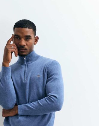 GANT sweat-shirt classique en coton &agrave; demi-zip bleu