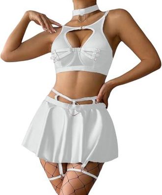 Generic 2026 Soutiens-gorge pour femmes soutien-gorge lingerie dr&ocirc;le dentelle sexy noir ensemble de sous-v&ecirc;tements solides tablier body, blanc, S