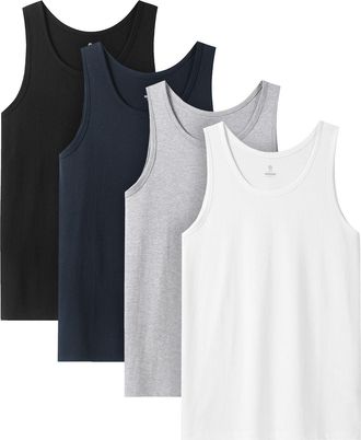 Lapasa Herren 4er Pack Unterhemd 100% Baumwolle Classic Tanktop Atmungsaktiv Rundhals Fitness Achselshirt Muskelshirt M36, Schwarz+Navy+Grau+Wei&szlig;, 3XL