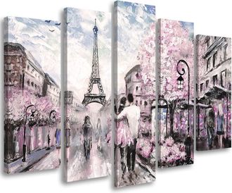 Feeby 5-teilig Vlies Leinwandbild 200x100 cm Paris Eiffelturm Frankreich Gemälde Wanddeko Design Kunstdruck Zimmerdeko Bilderwand Gehendes Paar Romantisch L