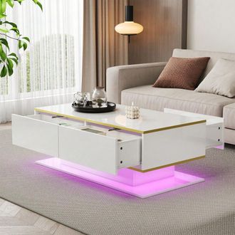 Generic Moderner LED Couchtisch in Hochglanzoberfl&auml;che - 100 cm lang, goldene Ornamente, 3 Schubladen und USB-Lichtb&auml;nder (Adapter/Powerbank erforderlich)