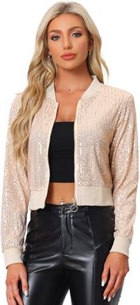 Allegra K Blouson Femme à Paillettes Veste Court Zippé Cardigan à Sequin Bomber de Fête Abricots L
