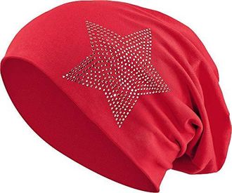 Balinco Jersey Coton &eacute;lastique Long Slouch Beanie Unisexe Hommes Femmes avec Strass Pierres &eacute;toile Casquette Heather en 35 Couleurs diff&eacute;rentes (2) (Dark Red)