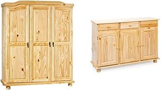 Inter Link SAS Bauernschrank Kleiderschrank Dielenschrank Landhausschrank Garderobenschrank 3 Türig Kiefer massiv Natur lackiert & Sideboard mit drei Türen und drei 