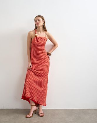 Topshop Maxikleid f&uuml;r besondere Anl&auml;sse aus Chiffon in Orange gestreift mit asymmetrischem perlenbesetztem Ausschnitt