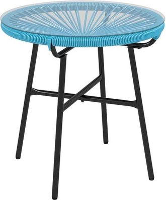 OUTSUNNY Table Basse Ronde de Jardin en r&eacute;sine Aspect rotin m&eacute;tal et Plateau Verre tremp&eacute; &Oslash; 50 x 50 cm Bleu