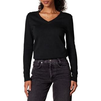 Amazon Essentials Pull Léger à Manches Longues et Col en V, 100% Coton Femme, Noir, L