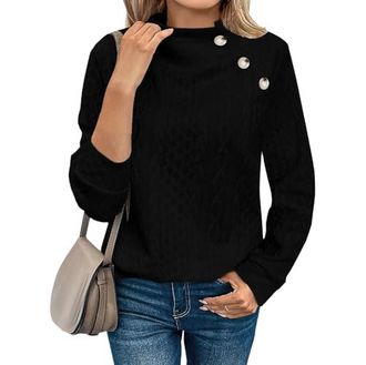 Generic Chandail l&eacute;ger &agrave; boutons pour femme avec motif matelass&eacute; et col roul&eacute; et manches longues textur&eacute;, uni, tendance, Noir, XXL