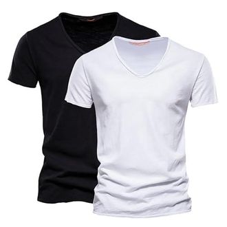 Generic Lot de 2 t-shirts d&eacute;t&eacute; &agrave; col en V pour homme - En coton - L&eacute;g&egrave;rement ajust&eacute; - Manches courtes - Couleur unie - D&eacute;contract&eacute; - Doux et confortable - T-s