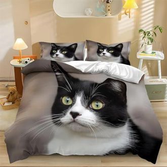 Generic Sets Housse de Couette 240 x 260 cm Portrait de Chat Noir et Blanc 3 Pi&egrave;ces Confortable Housse de Couette Noir et Blanc Couette Housse de Couette avec